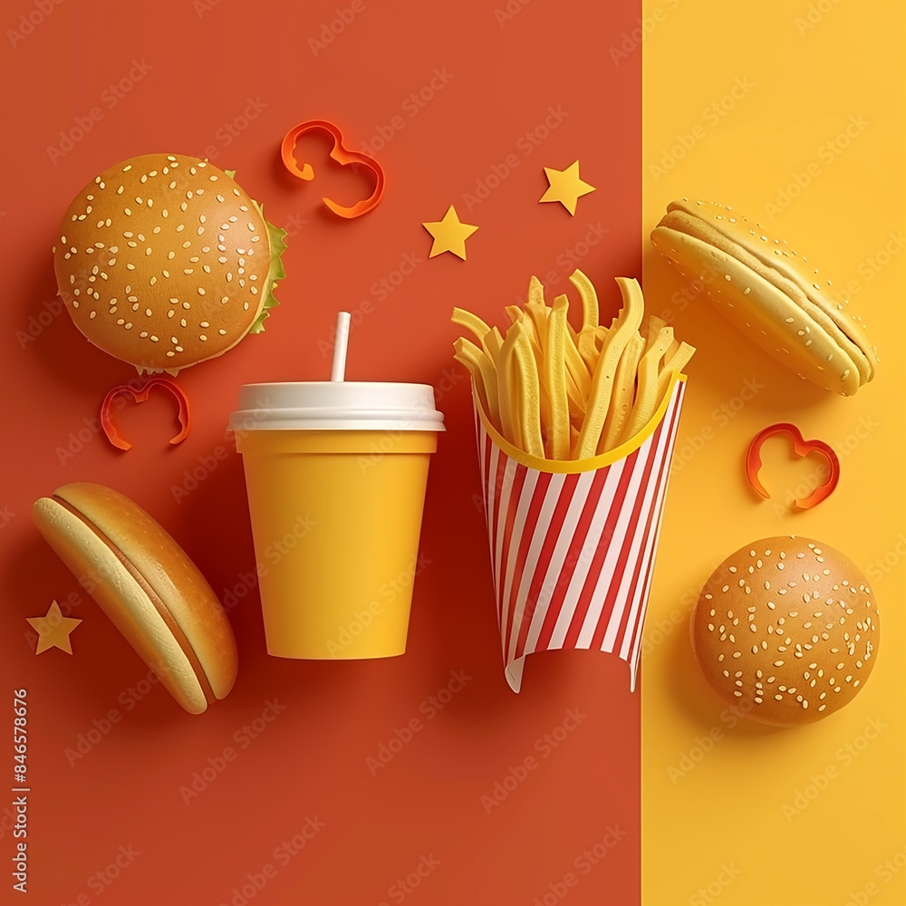 3d rendered photos of flat lay of fast food, empty space for text on ...