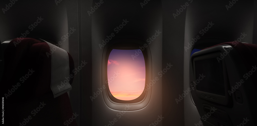 Aerial view through airplane window high above orange sunset sky,Inside ...
