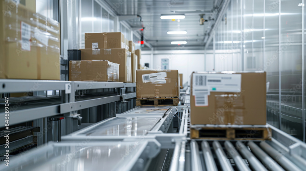 Automated warehouse with boxes moving along a conveyor belt, showcasing ...