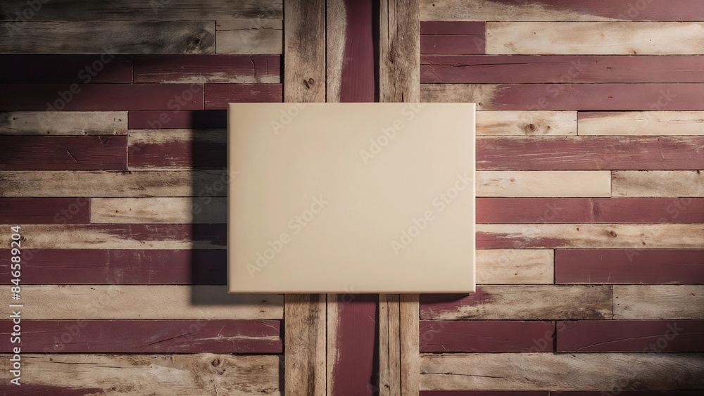 Blank canvas on rustic wood plank background. Burgundy and cream color ...