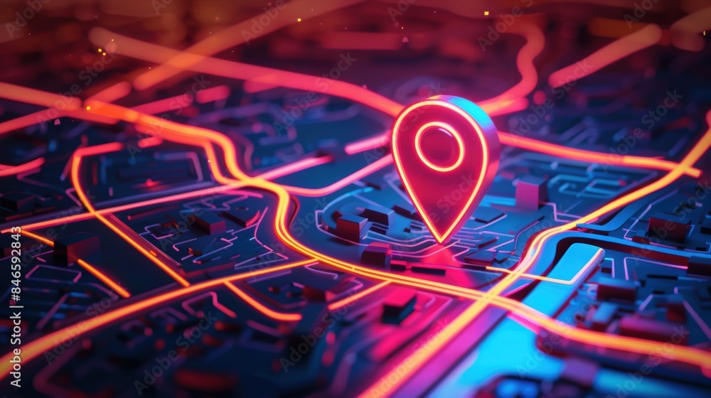 Digital GPS navigation map with neon pin and highlighted route path ...