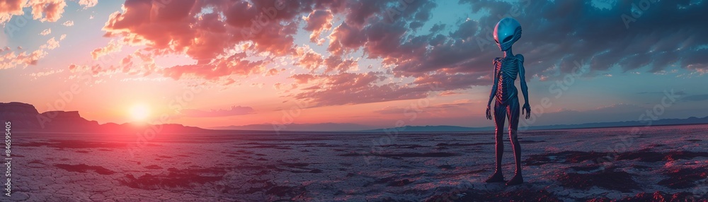 Bold and dramatic alien figure in a desert landscape at dusk, elegant ...