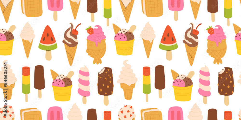 Ice cream seamless pattern. Yummy street food, confectionery snacks ...