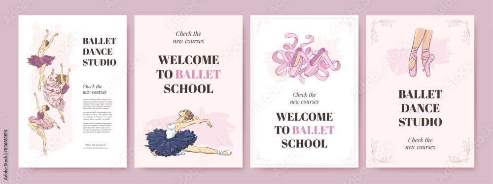 Set of ballet school poster template with hand drawn ballerina, pointe ...