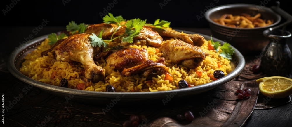 Homemade Arabian rice dish known as chicken kabsa, representing ...