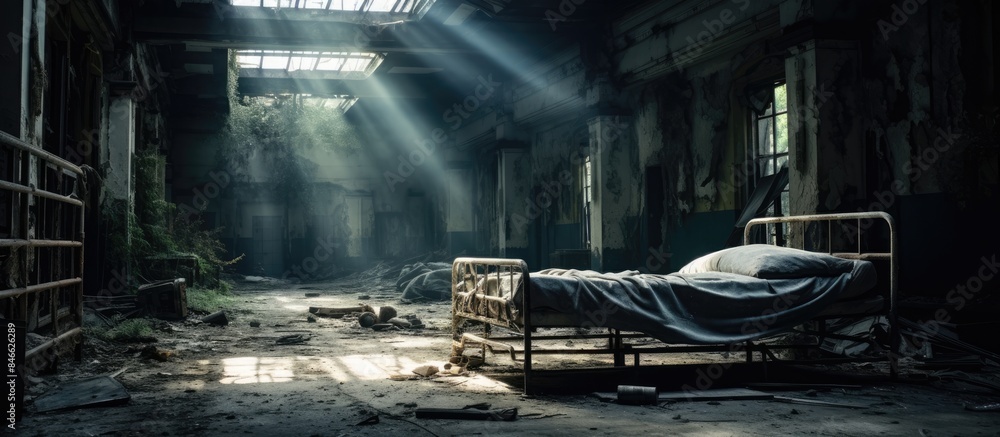 Exploring urban decay with a broken rusty hospital bed under a ...