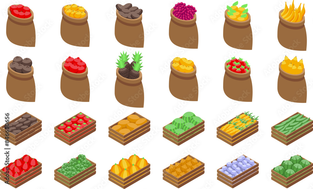 Sack fruit icons set. Fresh fruits and vegetables are overflowing from ...