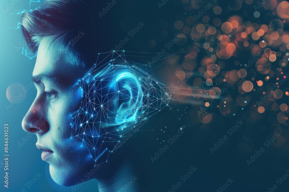 Human ear with sound waves simulation technology. Hearing test, hearing ...