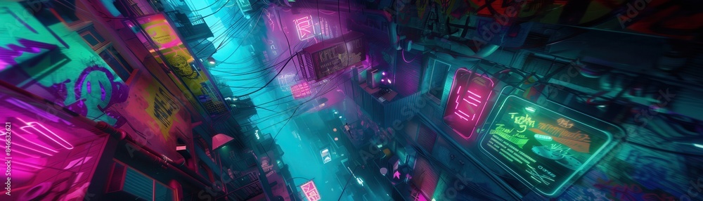 futuristic dystopian alleyway, featuring neon lights, vibrant signs ...