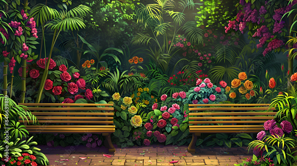 stage background of an animated video, tropical rose garden, exotic ...