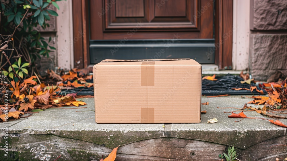 Cardboard box delivery on a front porch with fall leaves, representing ...