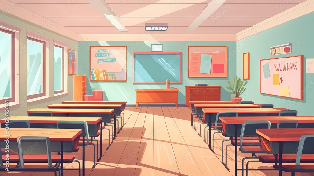 School classroom flat color vector illustration: empty class with rows ...