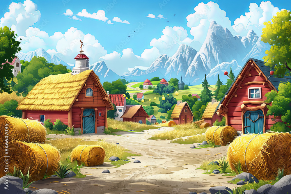 Farm village themed cartoon barn childern book cover background design ...