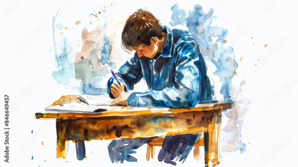 Teacher grading papers with focus at school desk watercolor ink ...