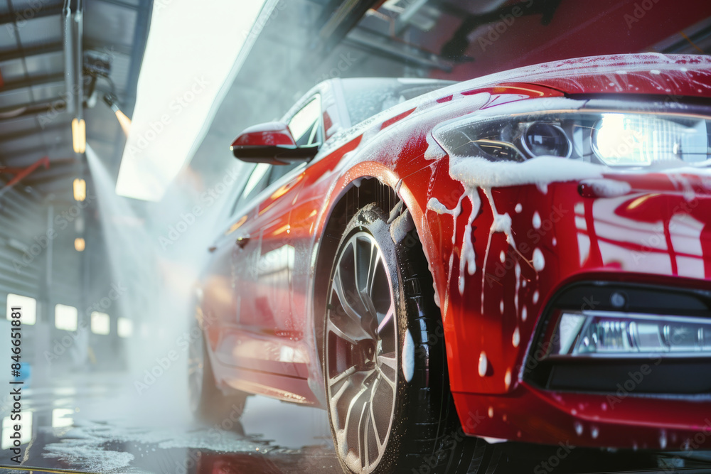 A shiny red car is being washed with soap and water in an automotive ...