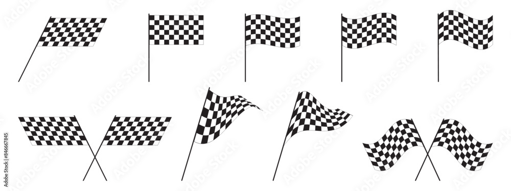Set of race flags with chequered black and white print. Start or finish ...