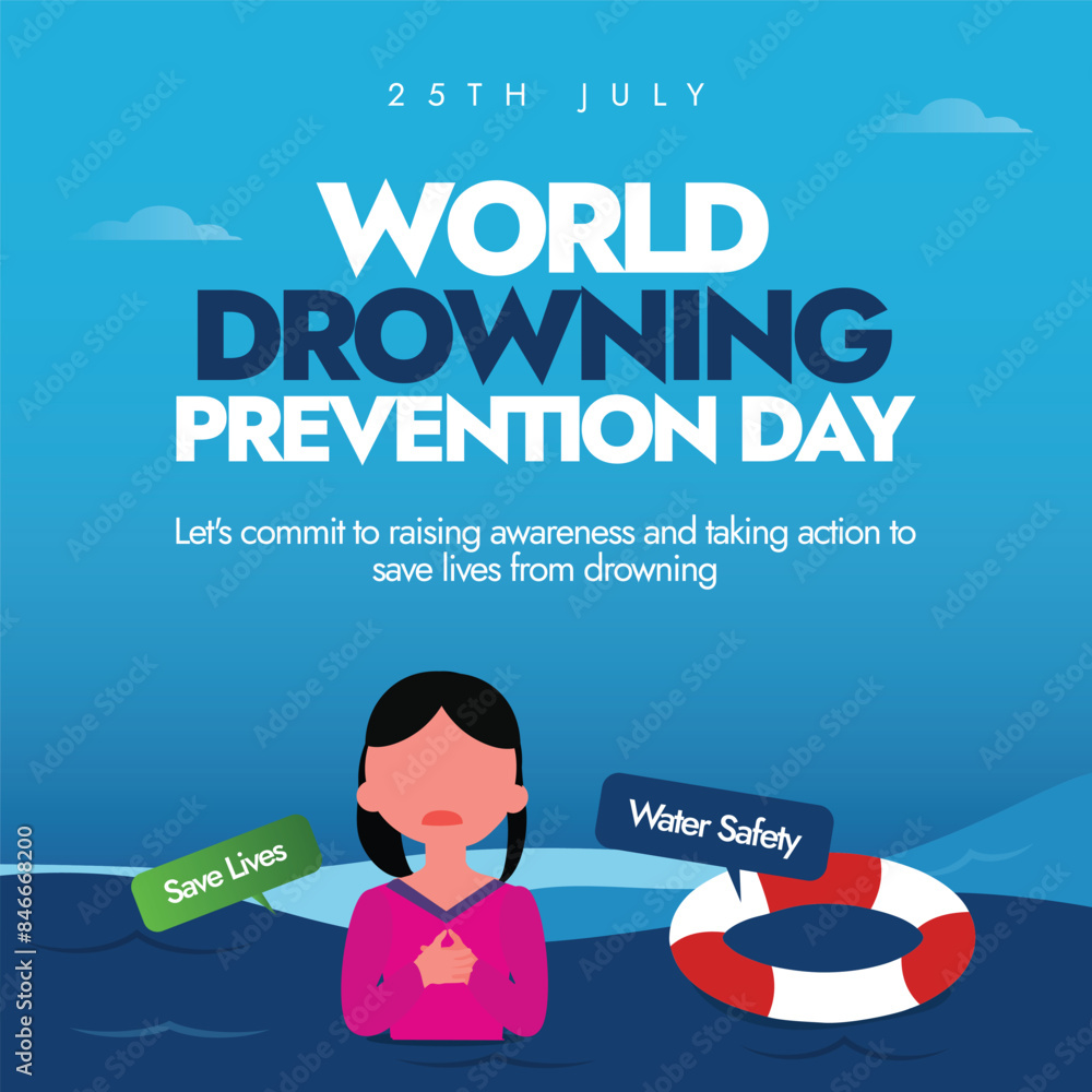 World Drowning Prevention Day. 25th July drowning prevention day celebration banner with a girl ...