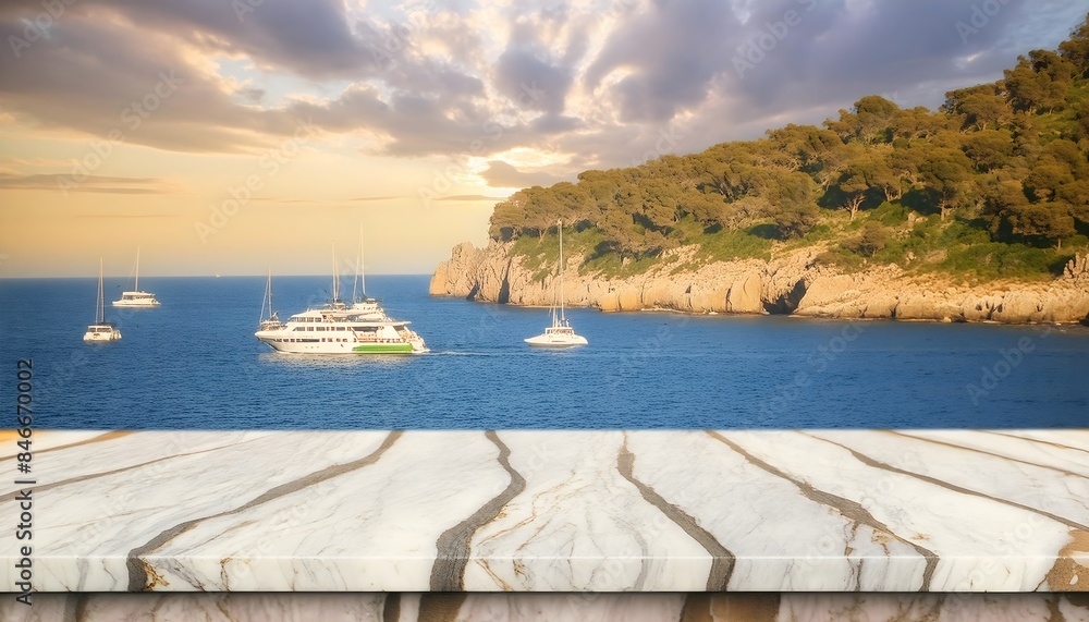 an empty marble Desk in front of a view of the sea and boats in the ...