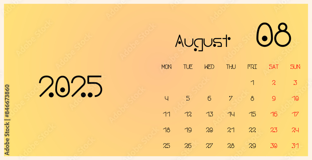 August 2025 template calendar. Trendy gradient background. The week ...