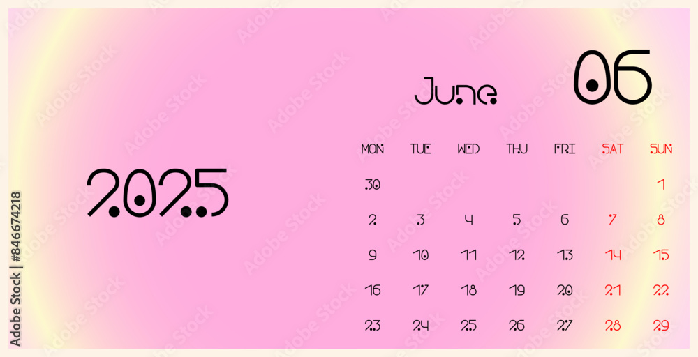 June 2025 template calendar. Trendy gradient background. The week ...