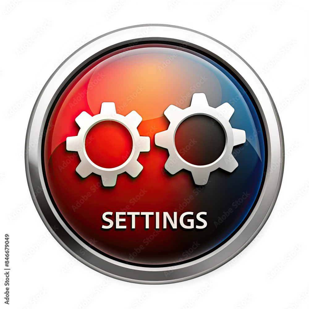 An isolated image of a glossy, round settings button with two gear ...