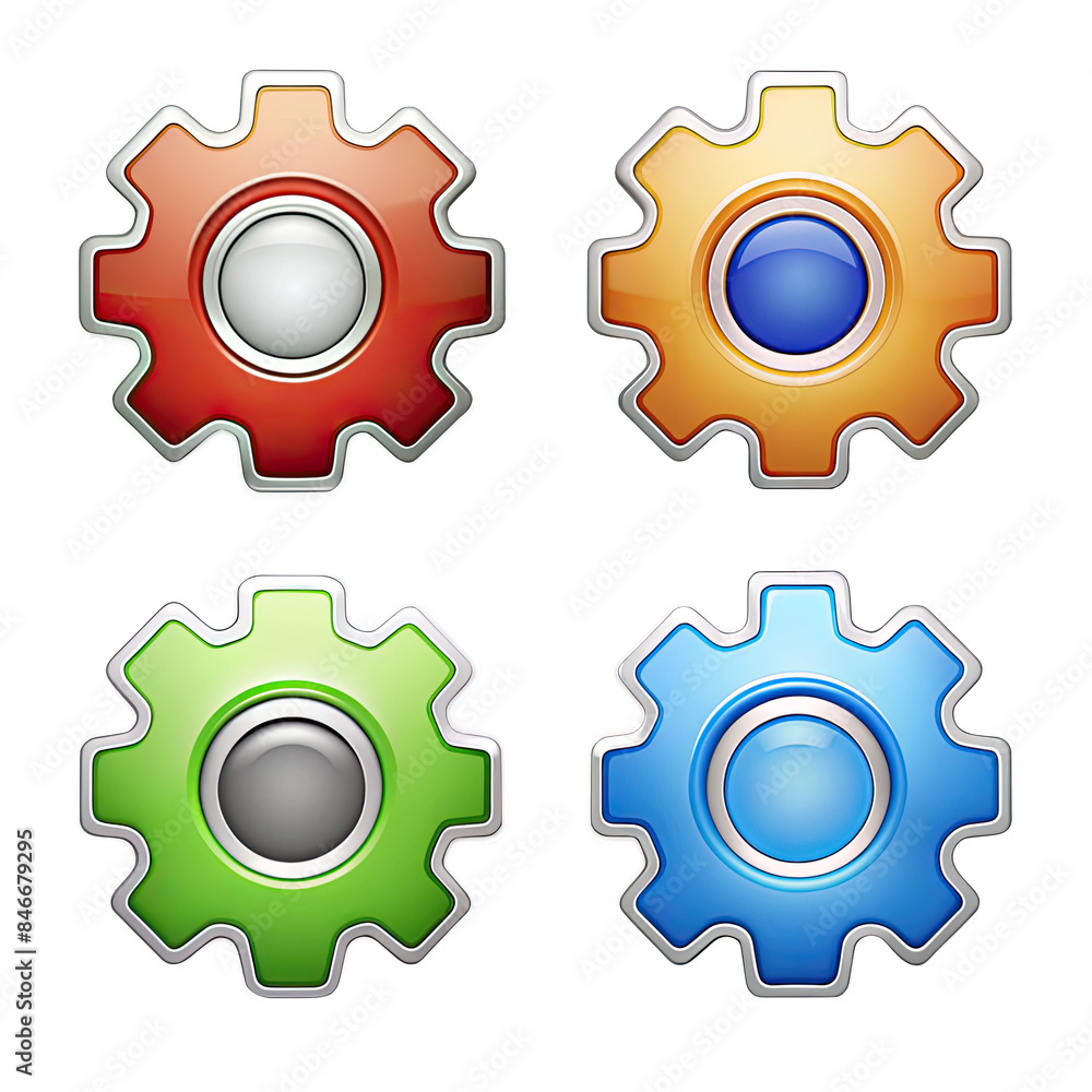 Four colorful gear icons, each with a different color, are isolated on ...