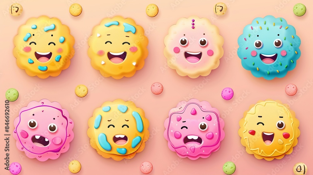 Adorable kiddy cartoon cookies with crumbs, featuring faces with ...