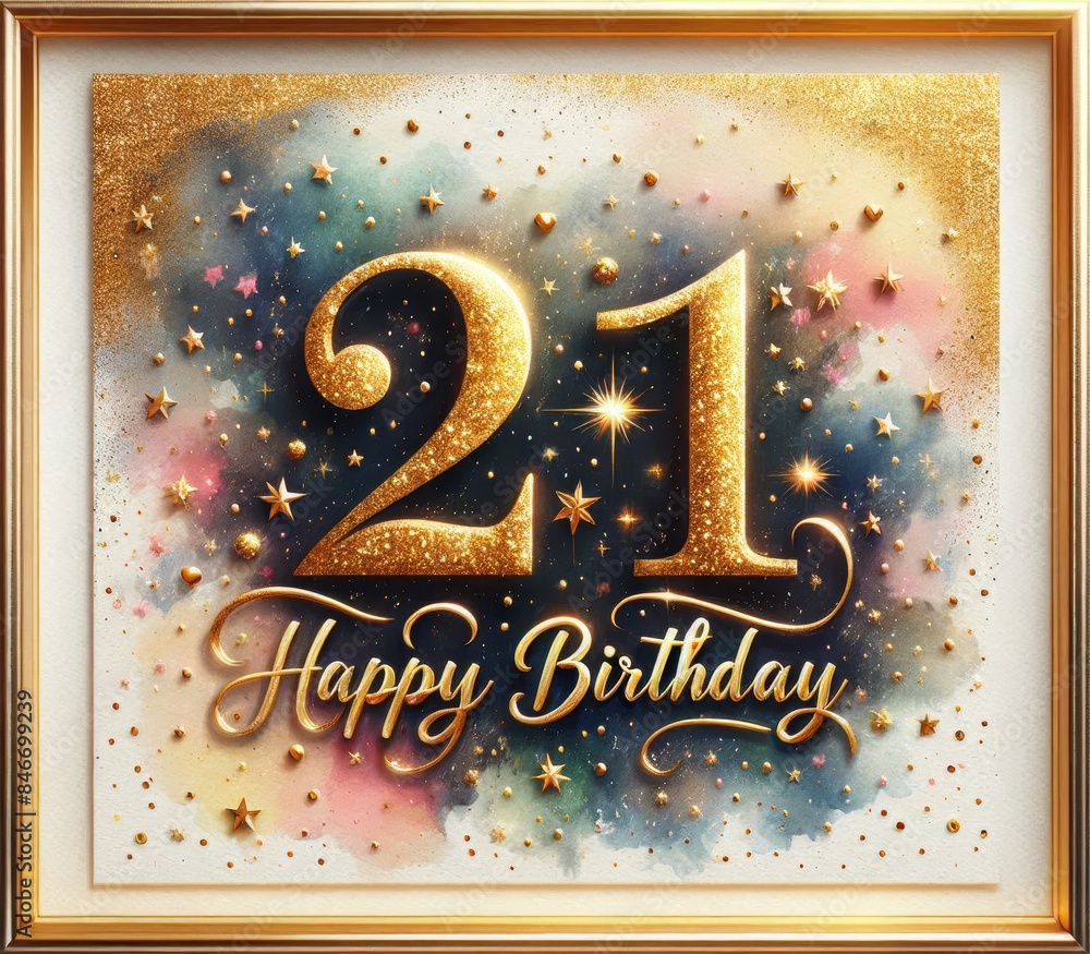 Festive 'Happy 21st Birthday' card with golden accents, colorful ...