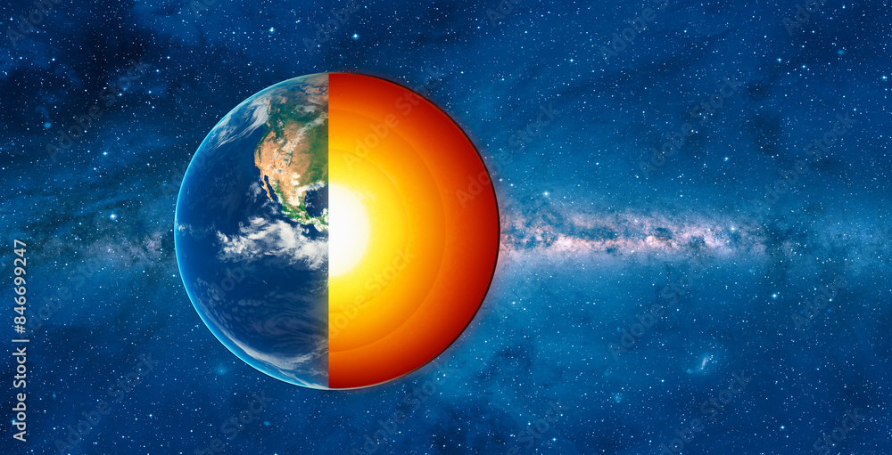 The structure of the earth's crust. Earth cross section in space view ...