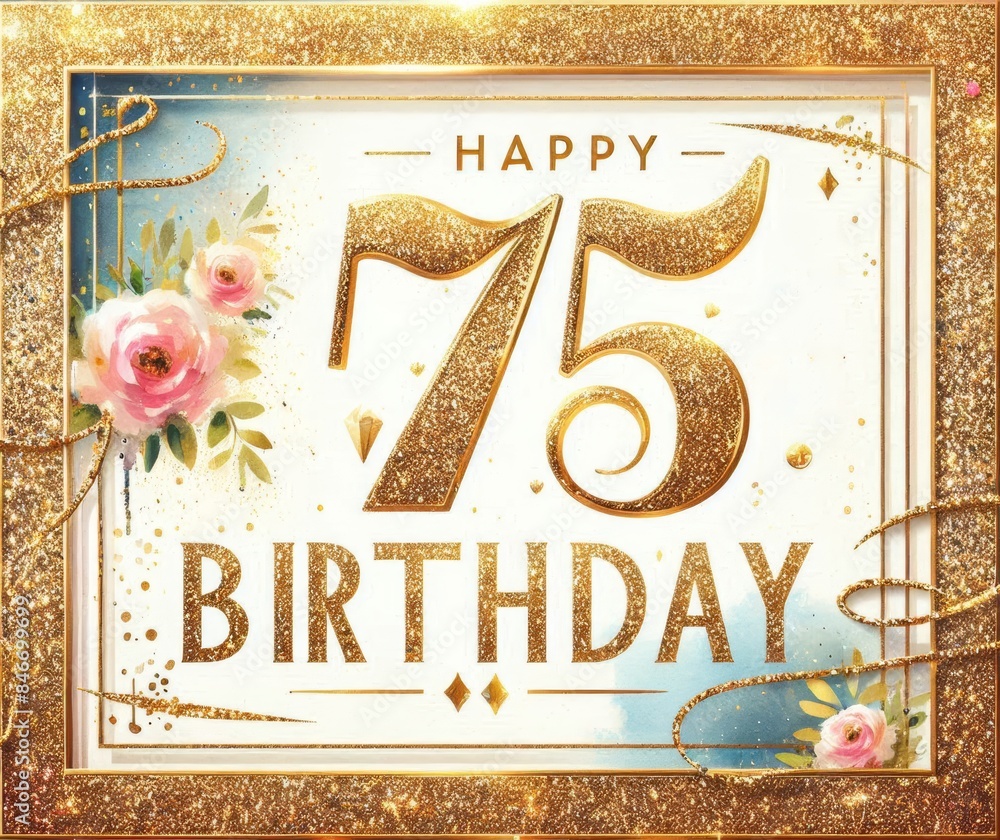 Elegant 75th birthday card with gold glitter and floral designs ...