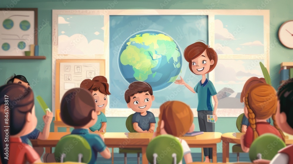 Playful cartoon children learning about the ozone layer with an ...