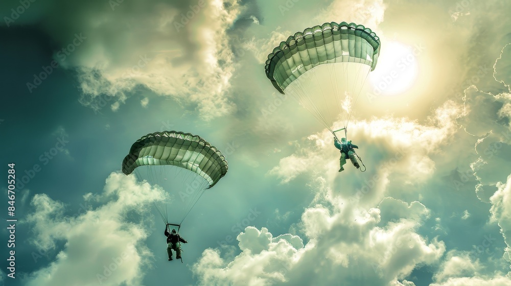 Two people are jumping out of a plane with parachutes. The sky is ...