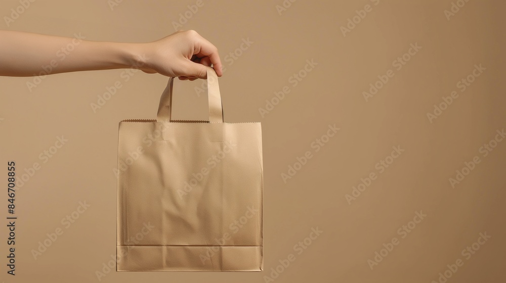 Hand holding beige paper bag mockup against solid background ...