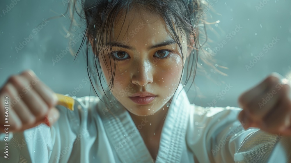 Focused female martial artist in traditional gi, raising fist in a ...