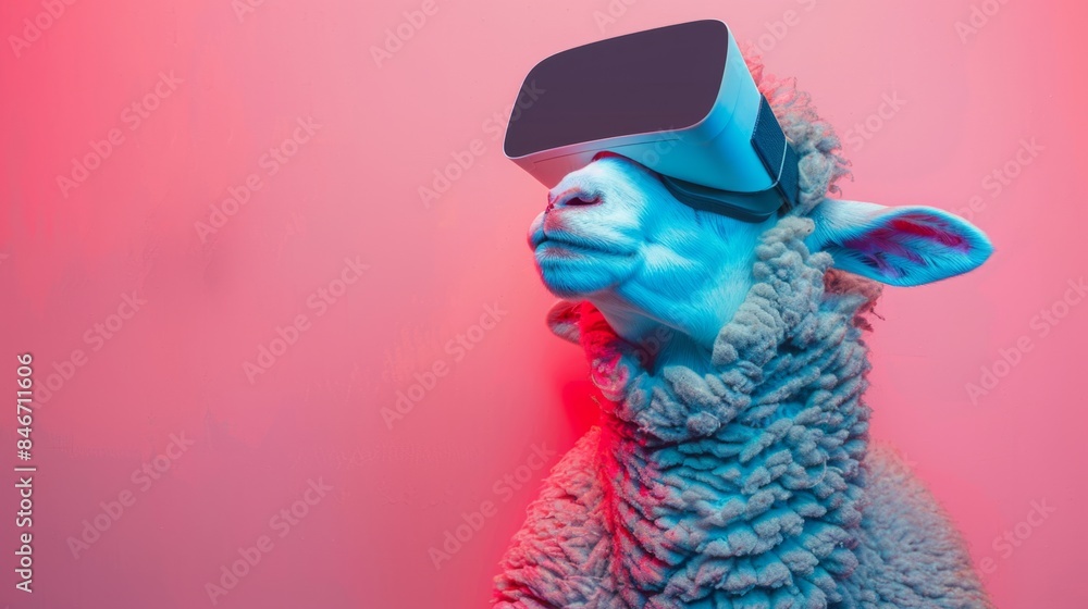Anthropomorphic sheep wearing a VR headset, illuminated by vibrant neon ...