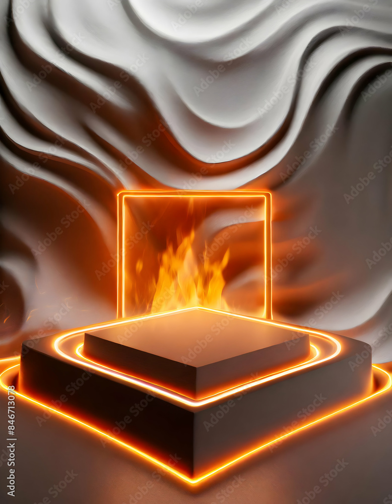 3D render showcasing a podium with a glowing fiery square frame ...