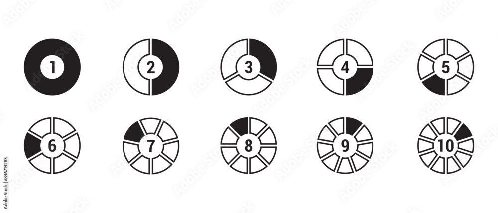Hollow circle divided into 1-10 parts icon set in black and white color ...