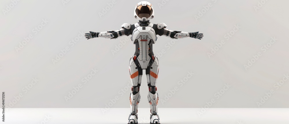 future astronaut, donning an impressive space suit, stands with arms ...