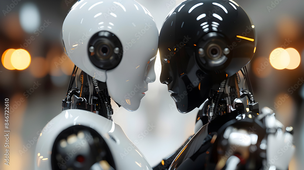 Together, a white ai robot facing a black ai robot, holding each other. Stock Photo | Adobe Stock