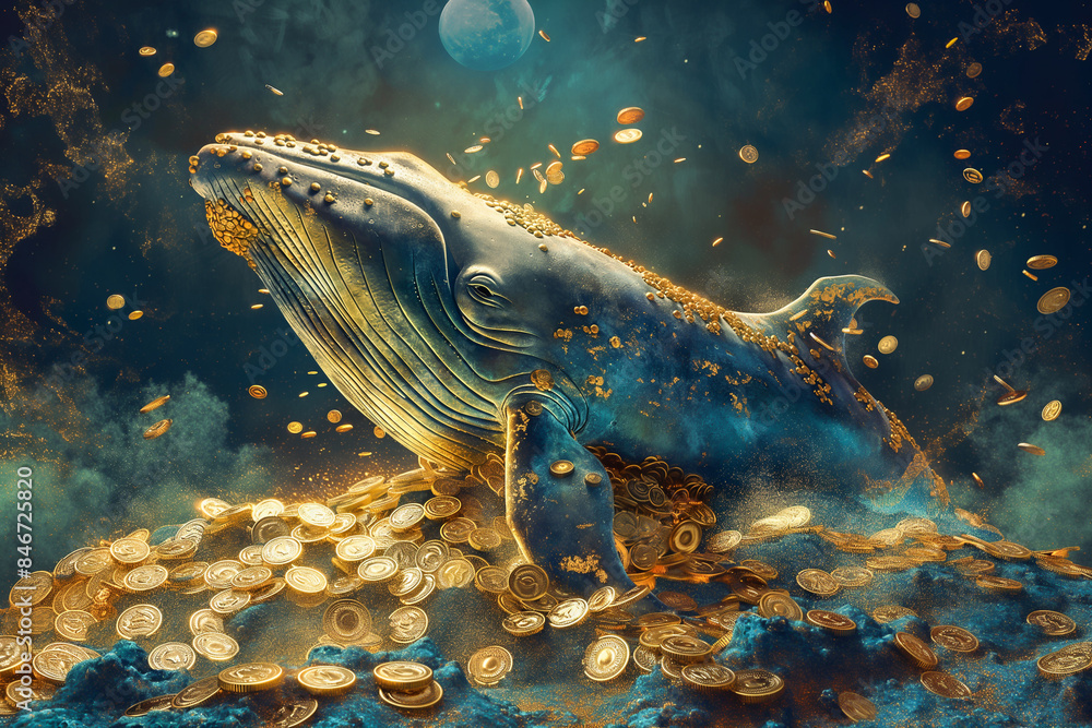 Big blue whale rising form the golden coins ocean. Whale means big ...