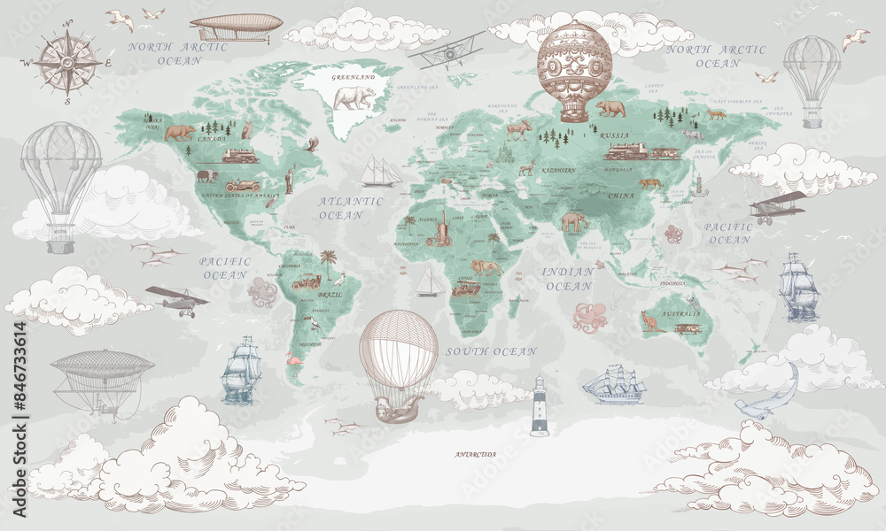 Retro World Map for Kids wallpaper mural, Vintage Hot Air Balloons and ...