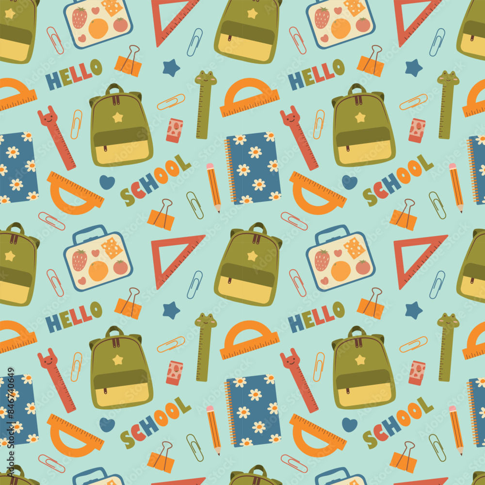 School seamless pattern. School stationery on a light blue background ...