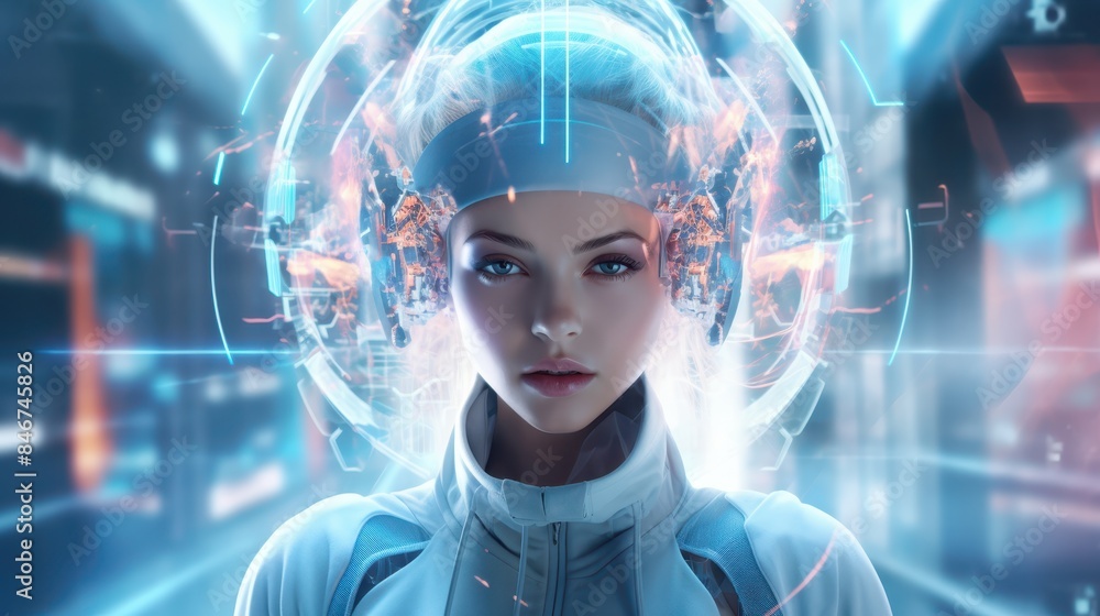Futuristic woman with advanced technology interface, wearing a high ...