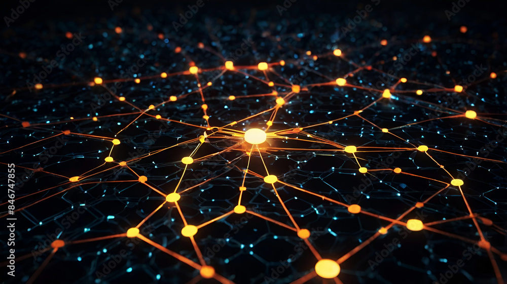 Visualization of a complex network of glowing yellow and blue nodes ...