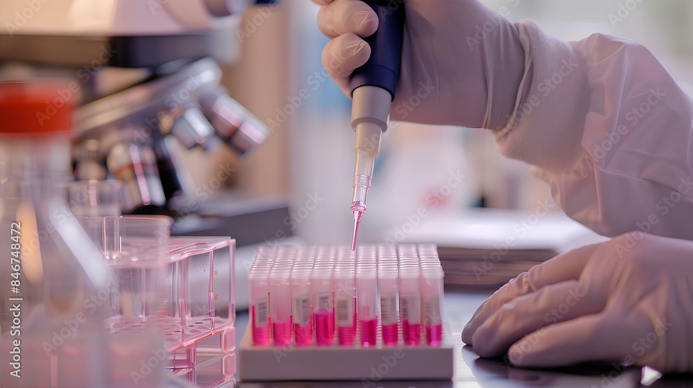 A researcher using a pipette to dispense a precise amount of solution ...