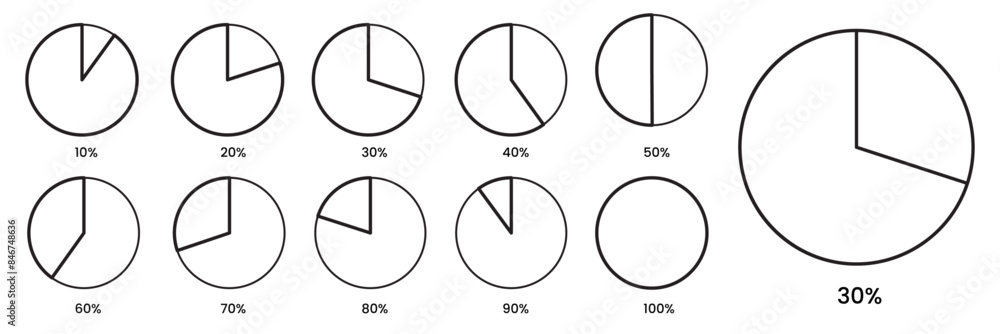Pie chart color icons. 10 to 100 percent. outline diagram collection ...