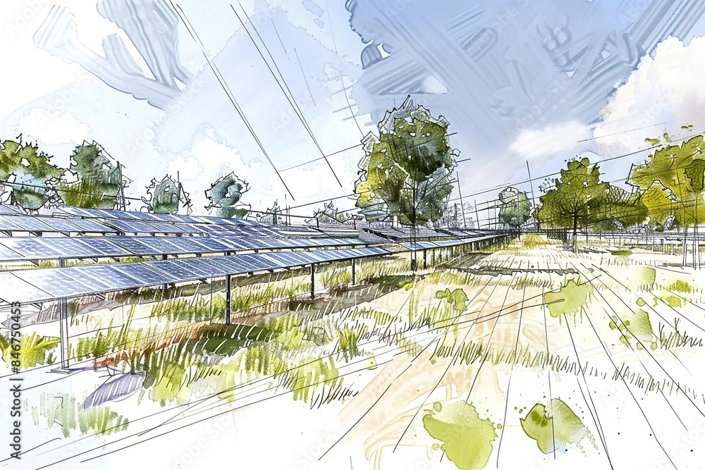Solar panels at solar power plant. Solar farm sketch drawing design. Ai ...
