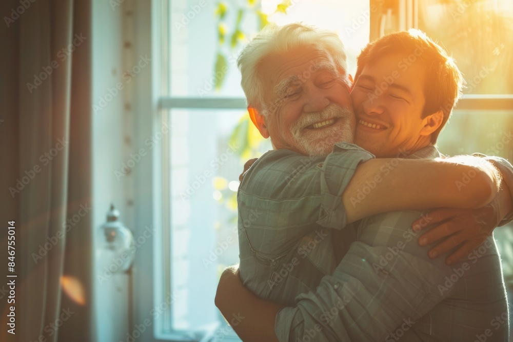 Older father hugging younger son at home, old father hugging young son ...