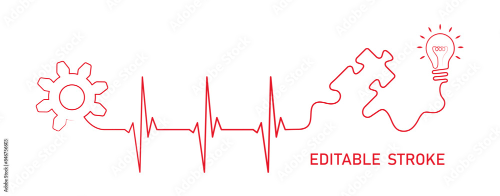 Editable lines heart rhythm illustration with puzzle piece, lightbulb ...