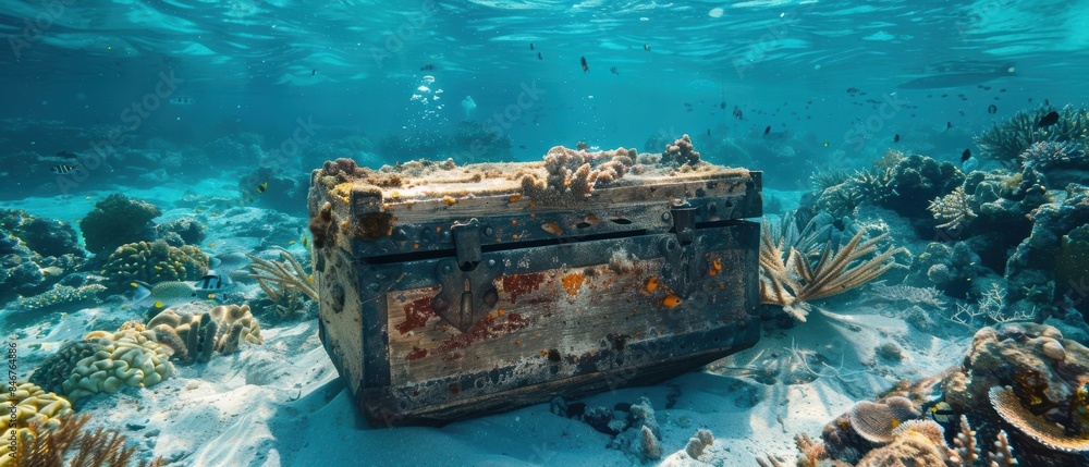 Sunken treasure chest at the bottom of the sea, covered in corals and ...